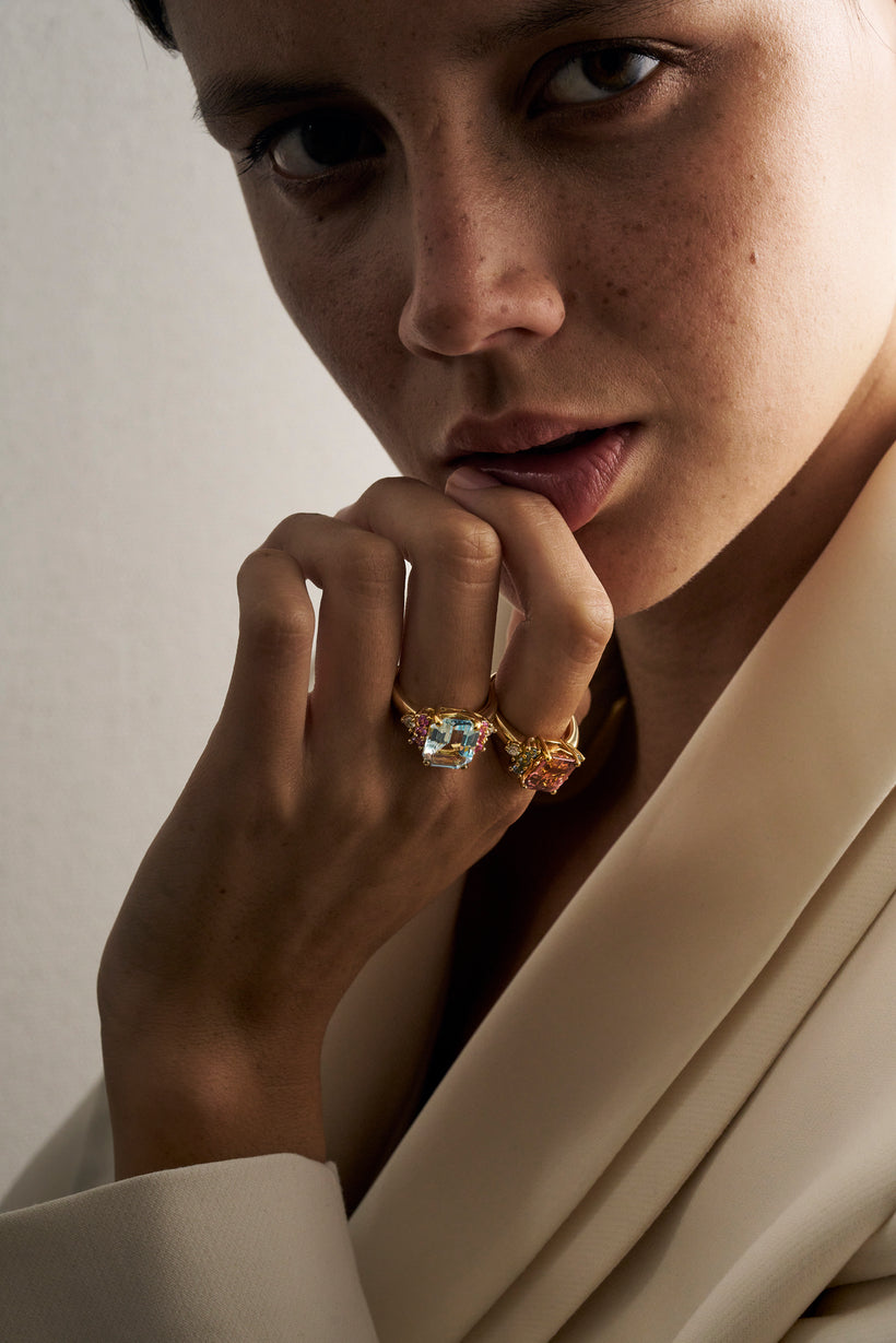 BESPOKE 18CT YELLOW GOLD PINK TOURMALINE, AQUAMARINE & DIAMOND MIAH RI ...