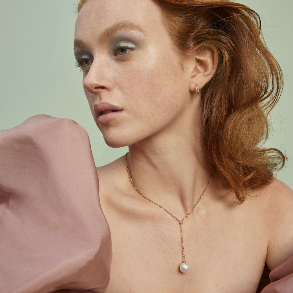 18CT YELLOW GOLD AUSTRALIAN SOUTH SEA PEARL & RUBY RADHA LARIAT – Jan Logan